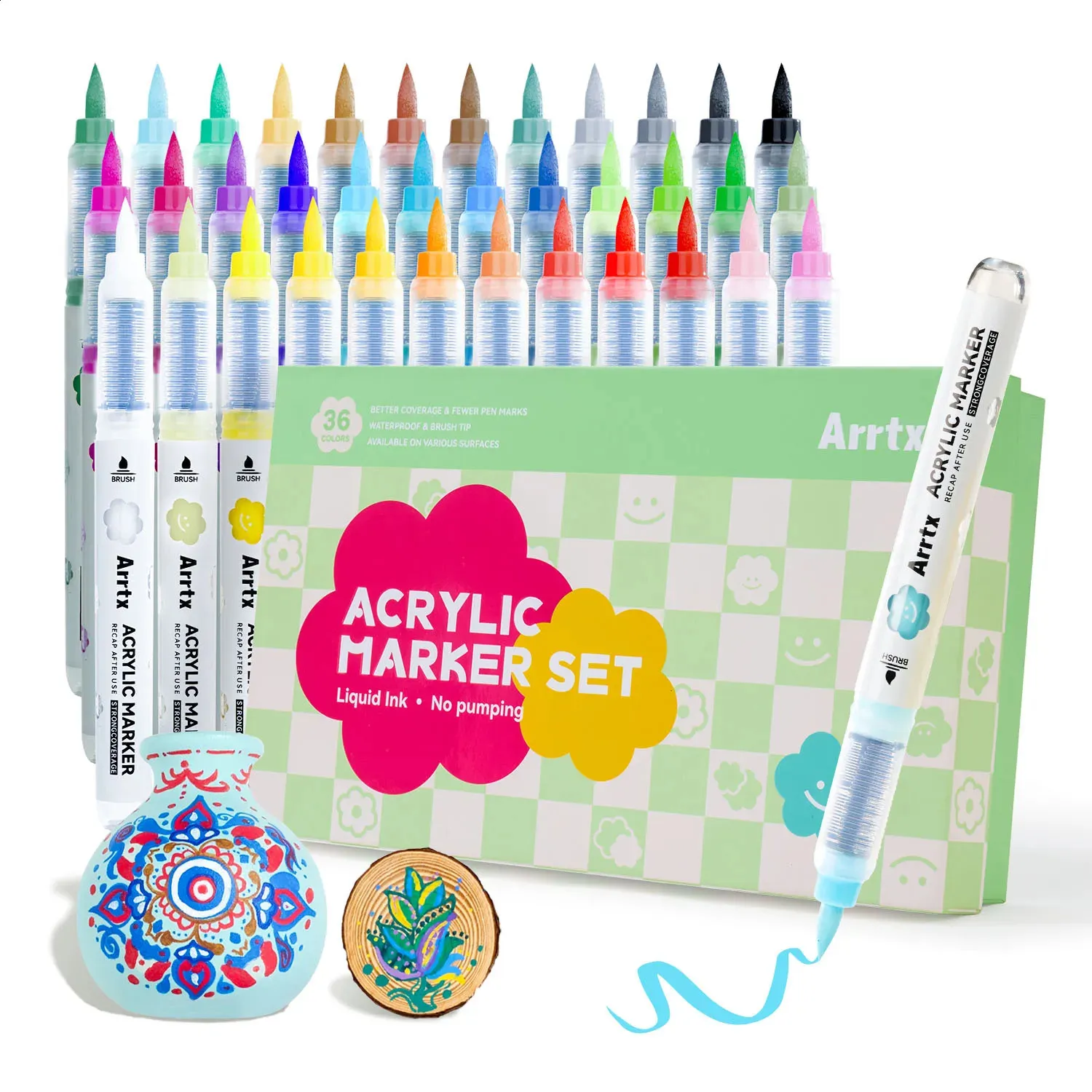Arrtx Acrylic Paint Marker Set Permanent Brush Tip Markers For Rock ...