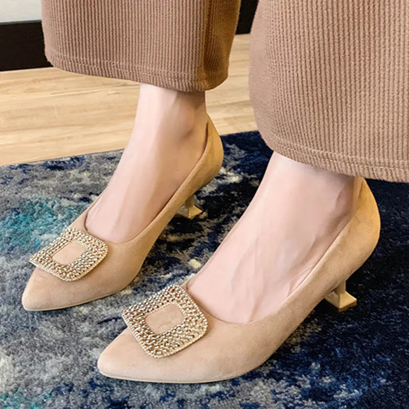Elegant Pointed Toe High Heels: Crystal Buckle Flock Pumps for Women ...