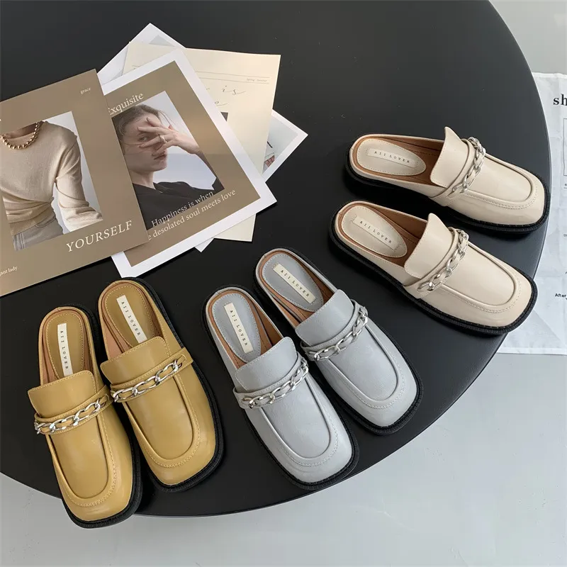 Designer British Metal Chain Leather Loafer Slippers For Women Square ...