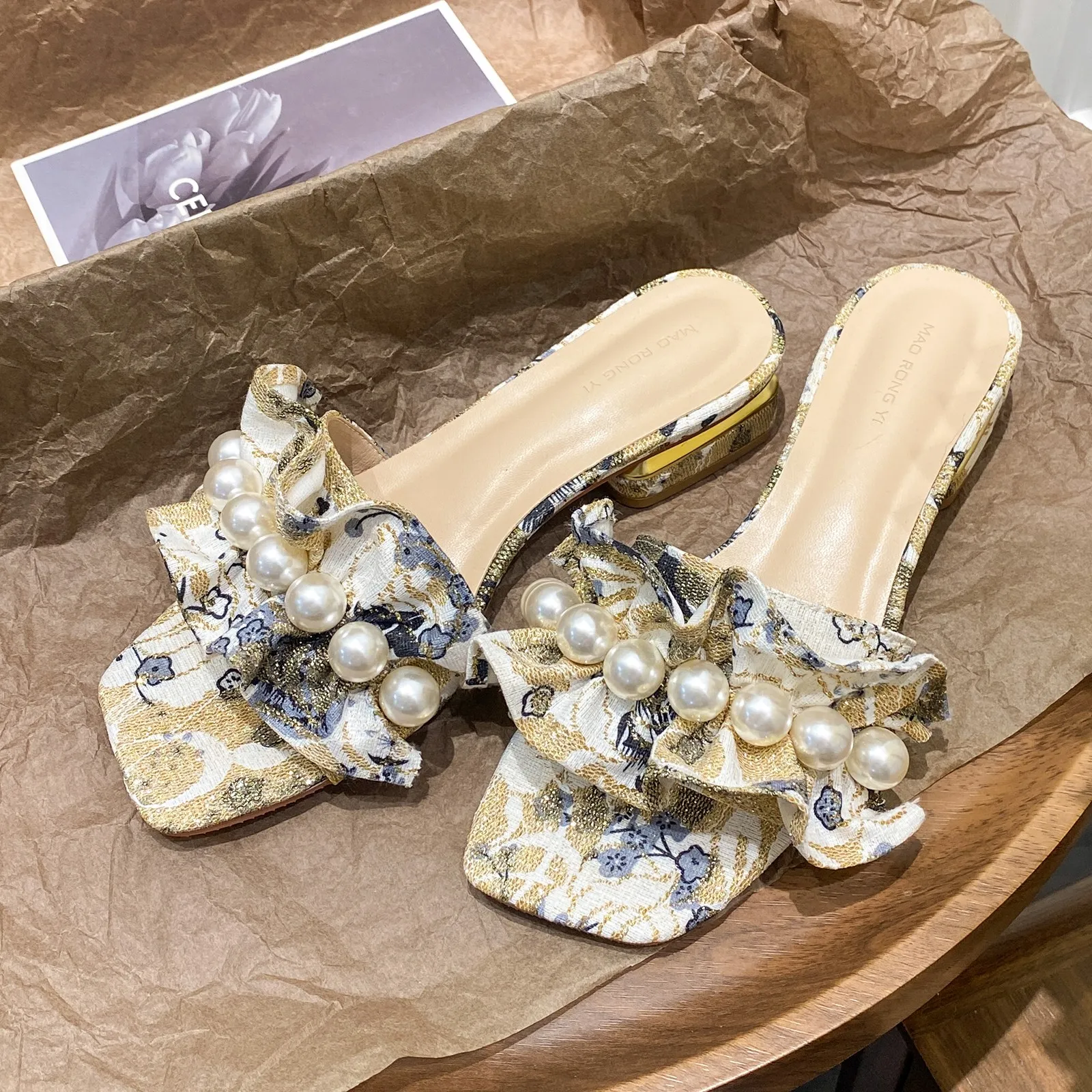Fairy Summer Pearl Low Heel Womens Slippers Soft Sole, Thick Heel ...