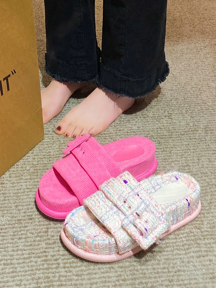 Tweed Platform Slippers for Women - Buckle Band Slides, Elevated ...