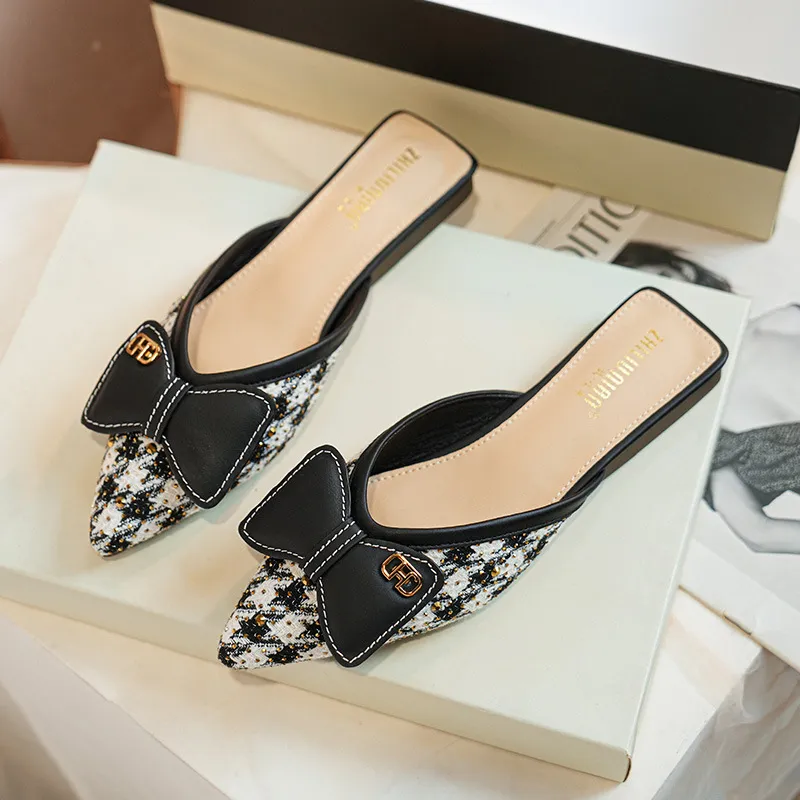 Mixed Color Pointy Slippers: Plaid Cloth Bowknot Mules For Women From ...