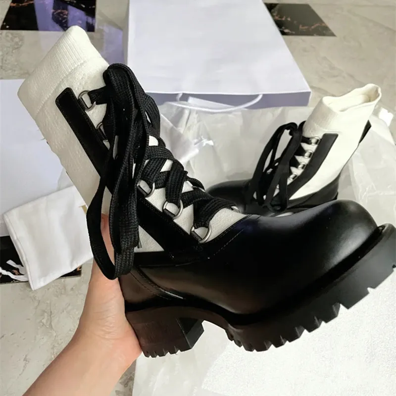 Patchwork Chunky Heel Boots - Women's Mid-Calf Lace-Up Sock Boots ...