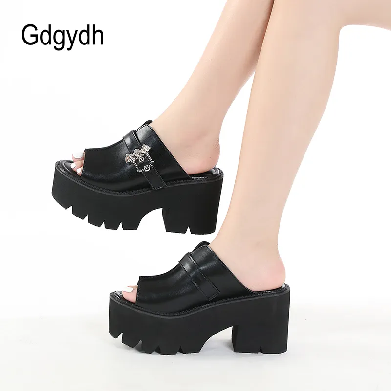 Women's Goth Bat Buckle Platform Mule Sandals - Open Toe, Thick Sole ...