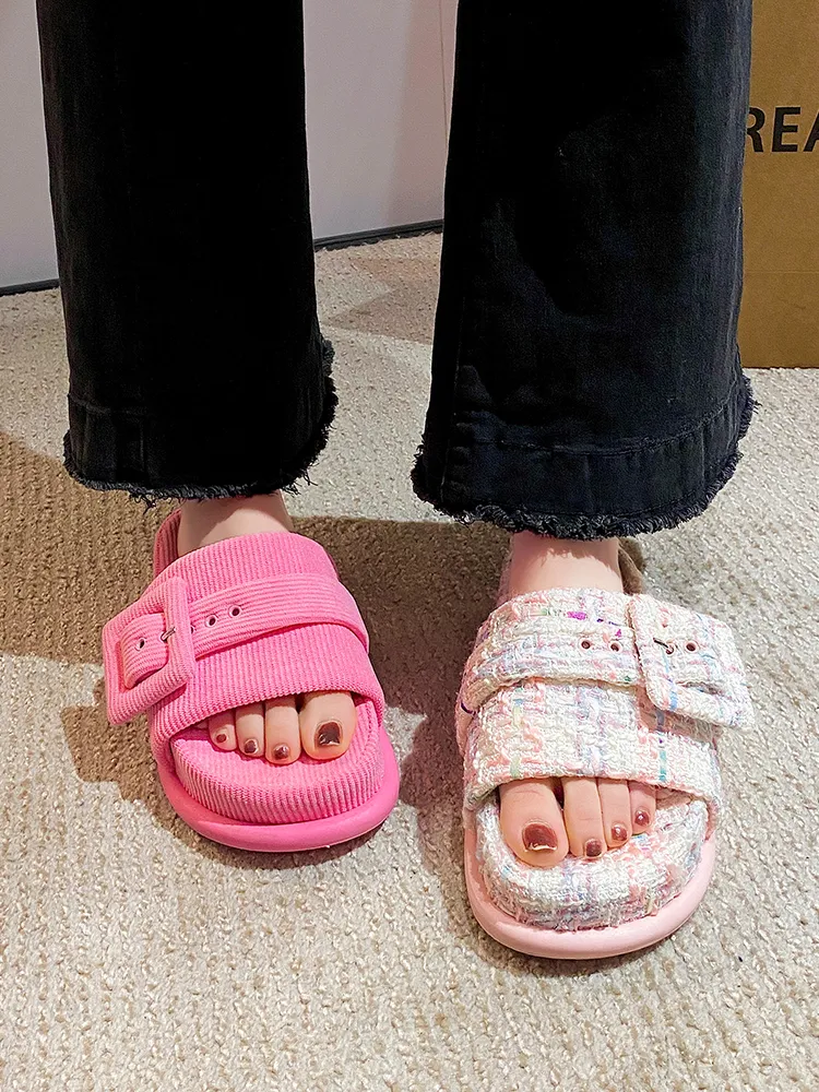 Tweed Platform Slippers for Women - Buckle Band Slides, Elevated ...