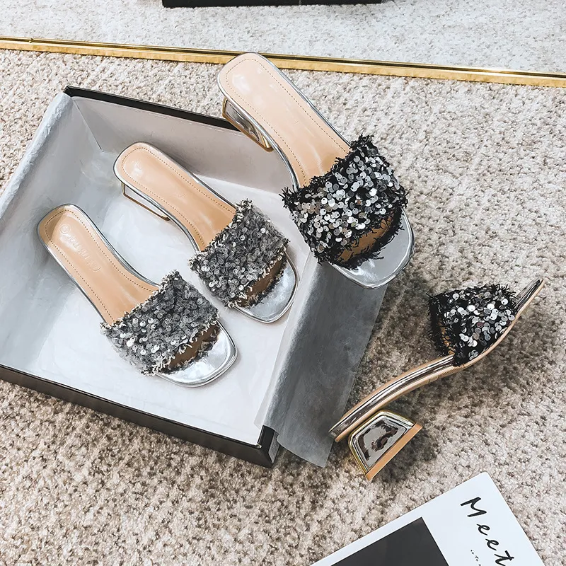 DHgate.com:Sparkly Sequined Sandals - Women's Chunky Heel Slippers ...