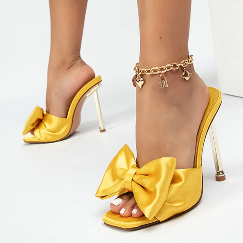 Orange Silk Heels Slippers with Butterfly Knot - Square Toe Mules for ...