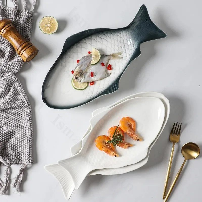 Creative Fish-Shaped Ceramic Plate for Restaurant Table, Steamed ...