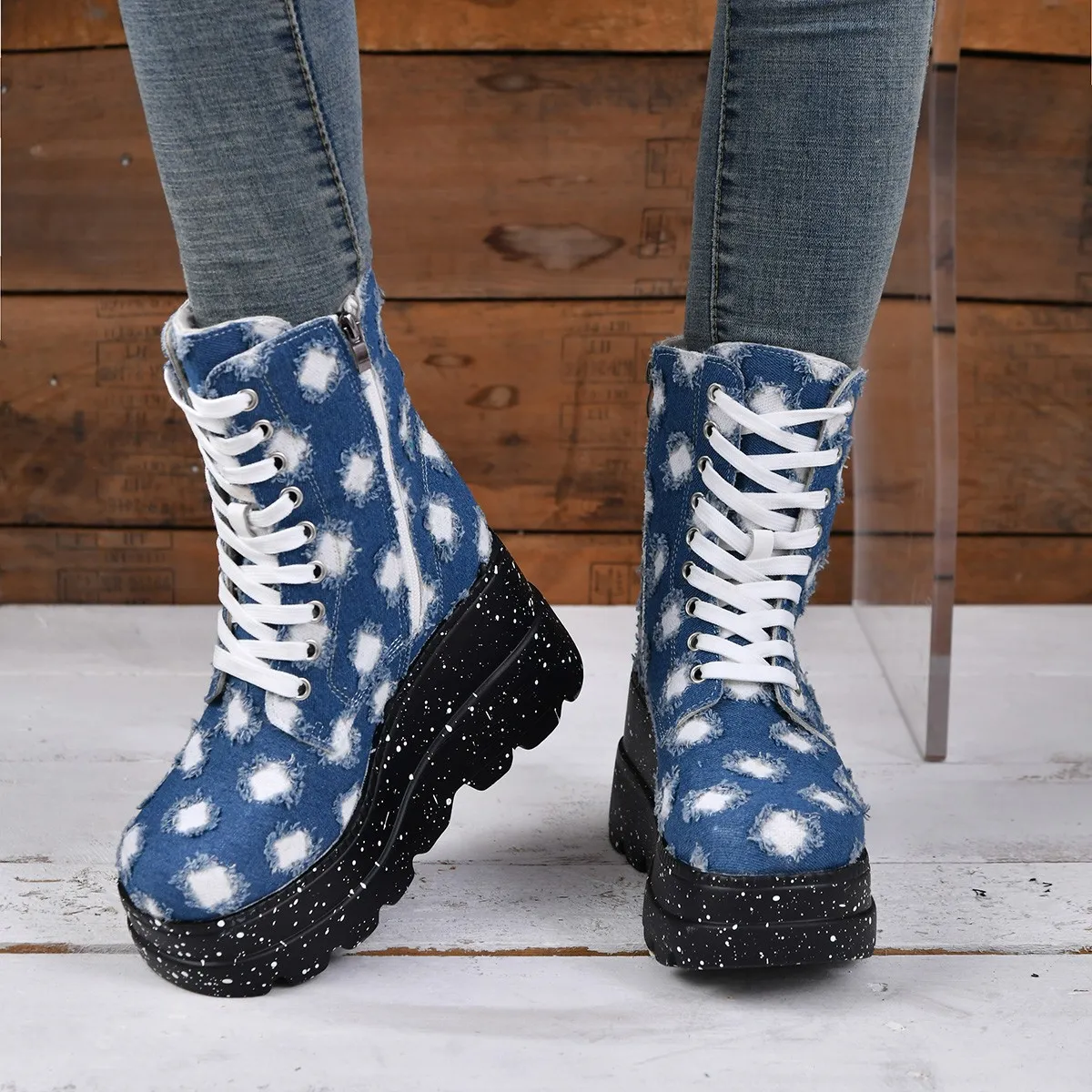 Canvas Women's Lace-Up Wedge Ankle Boots Narrow Width Size 43 Casual ...