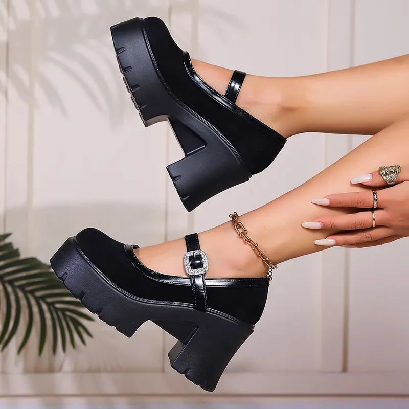Wholesale Black Platform Chunky Heels Crystal Buckle Patent... At Only ...