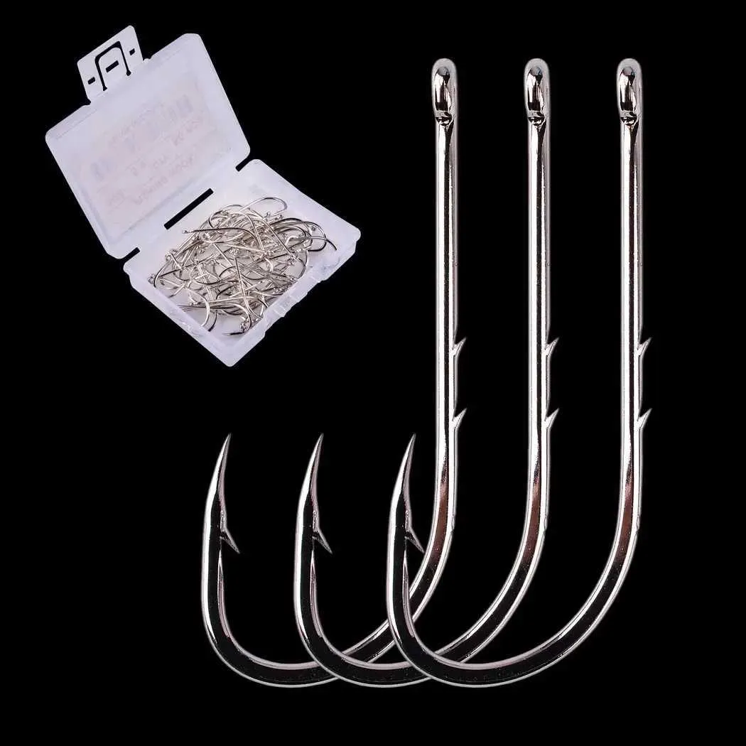 50/20 Barbed Fishing Hooks Set - Premium Carbon Steel, Single Loop, Sea ...