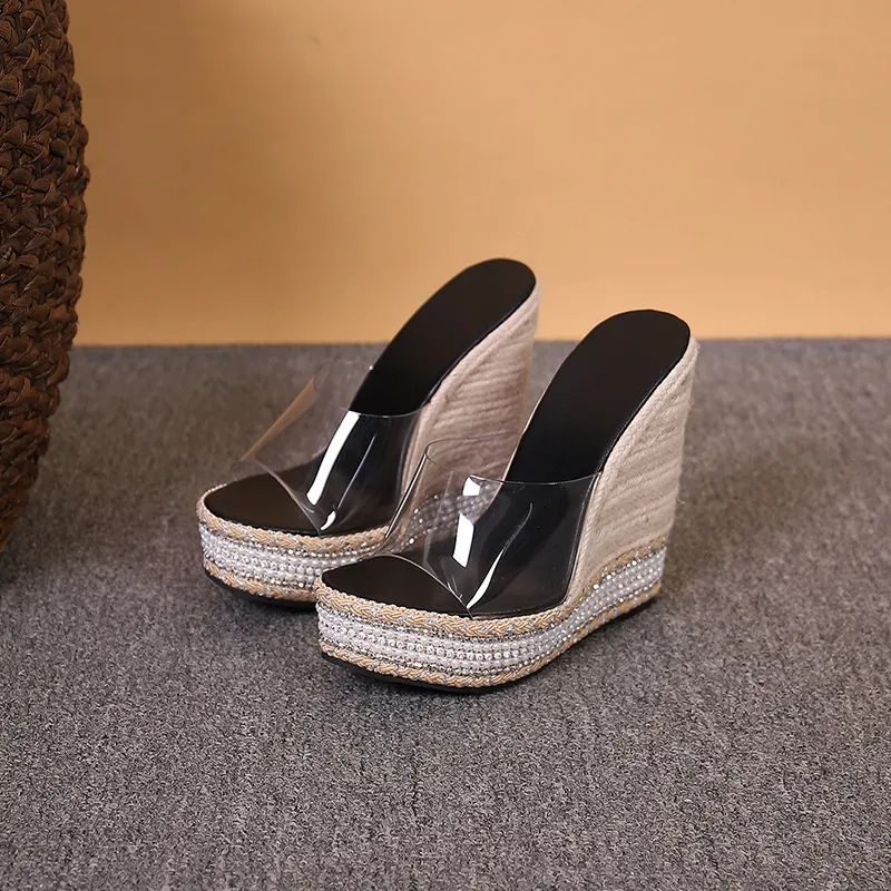 Women's Transparent PVC Wedge Sandals with Straw Rope Platform & High ...