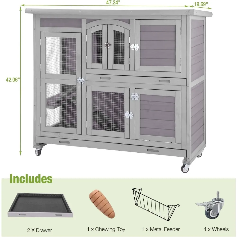 Large 47-Inch Indoor/Outdoor Rabbit Hutch with Wheels, Plastic Tray ...
