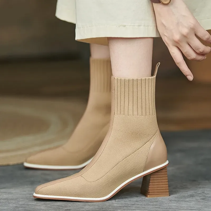 Round Toe Women's Ankle Boots Low Heel: Knitted Short Boots with Chunky ...