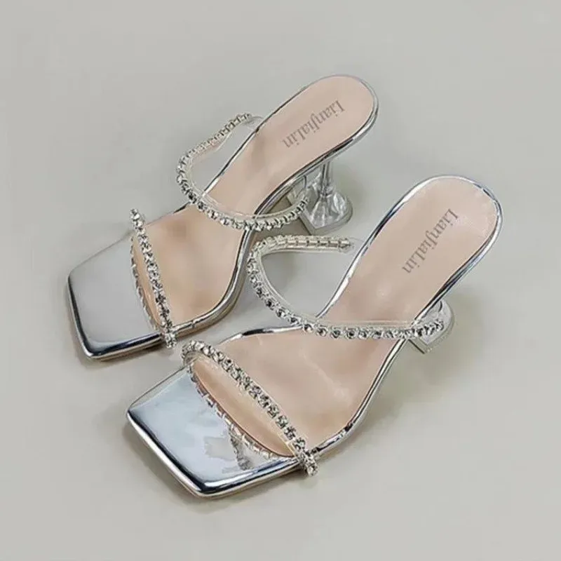 Elegant Rhinestone Heeled Sandals - Fashion Women's Square Toe Slippers ...