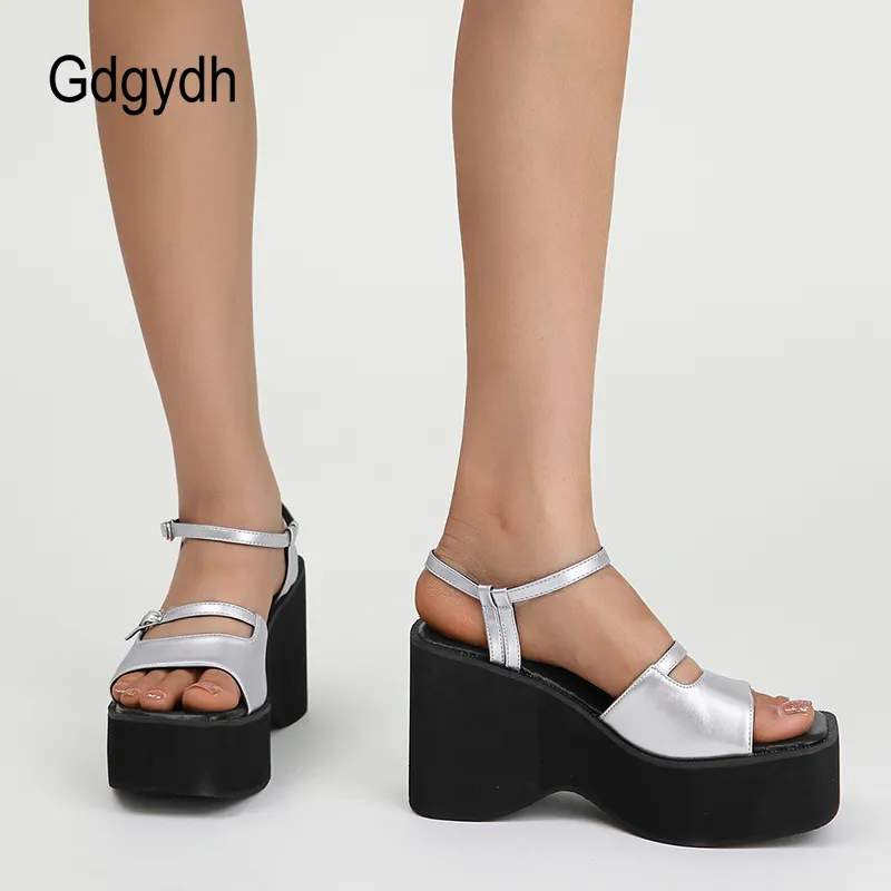 Women's Silver Platform Wedge Sandals with Ankle Strap - Open Toe ...