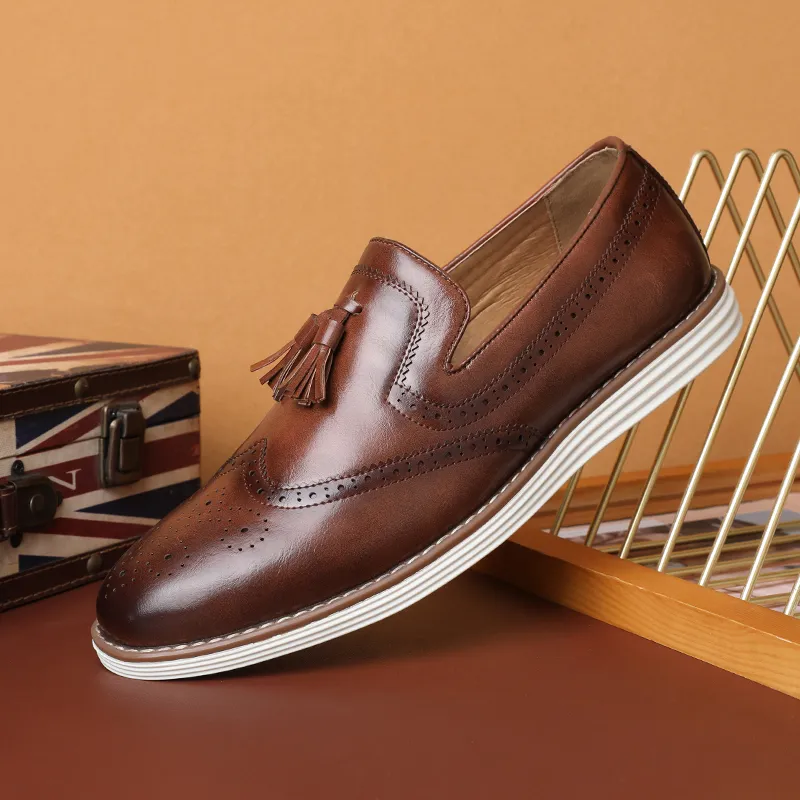 Men's Leather Brogue Shoes Casual Slip-On Loafers with Tassels and ...