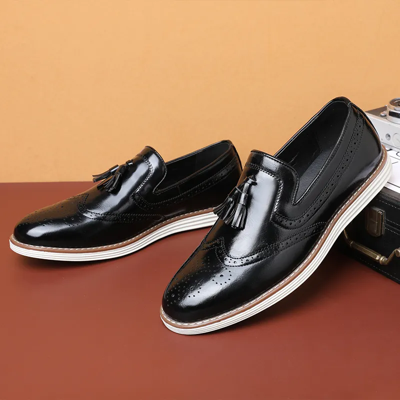 Men's Leather Brogue Shoes Casual Slip-On Loafers with Tassels and ...