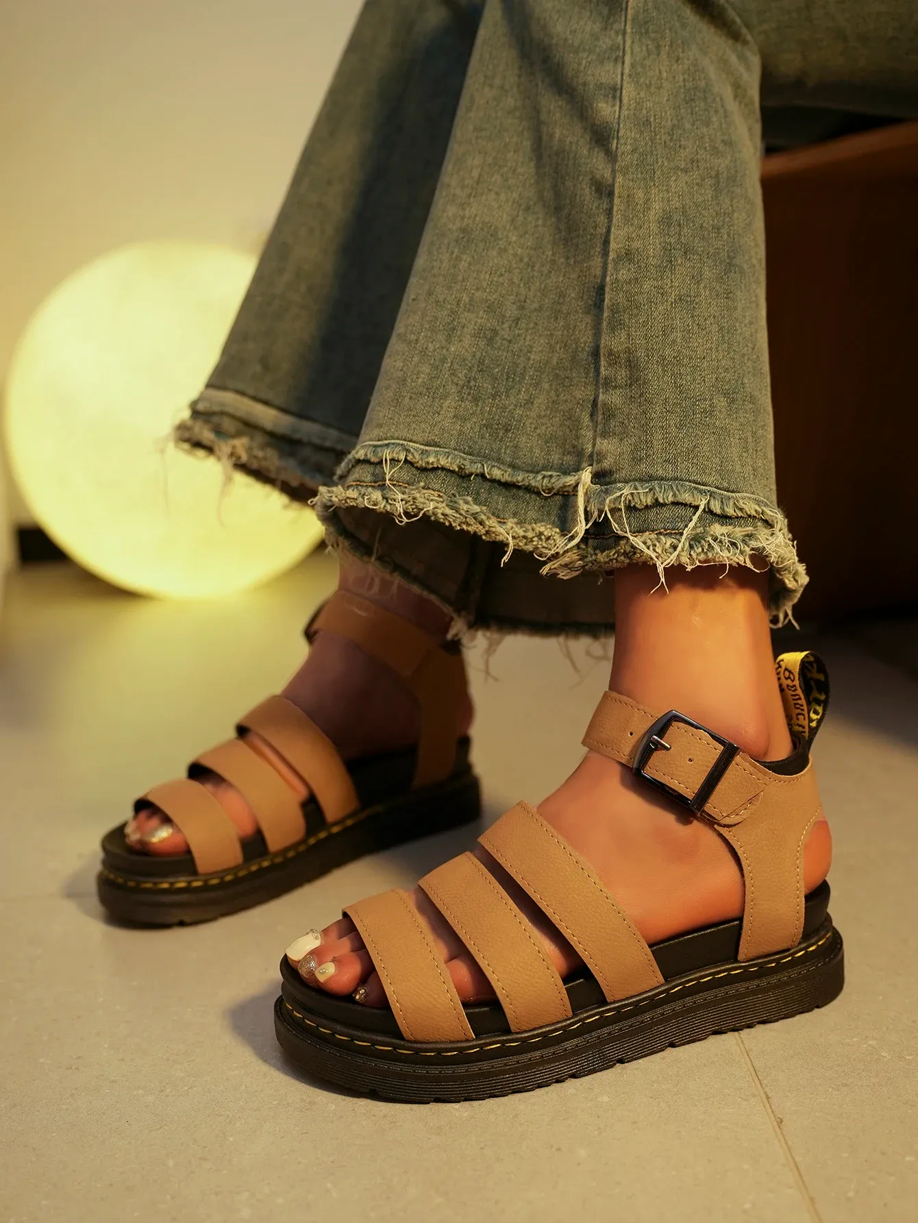 Women's Summer Leather Sandals - Roman Buckle, Open Toe, Thick Sole ...