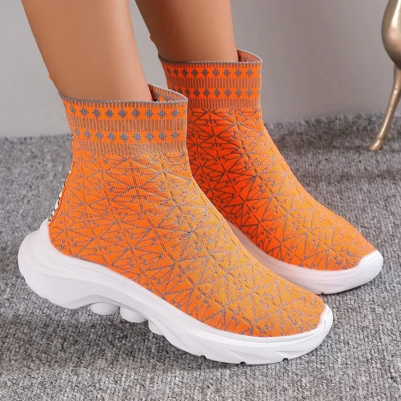 Women's Chunky Platform Knitted Ankle Boots - Slip-On Elastic Sock ...