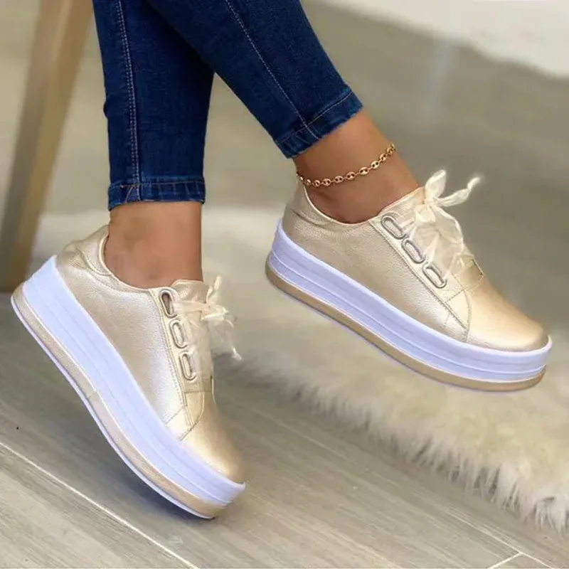 Bulk Platform Womens Flat Sneakers Thick Sole Lace Up Tennis Shoes With ...