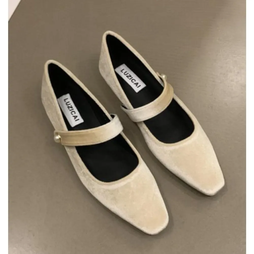 Bulk Pearl Elegant Buckle Velour Mary Jane Flats Low Heel Ballet Shoes ...