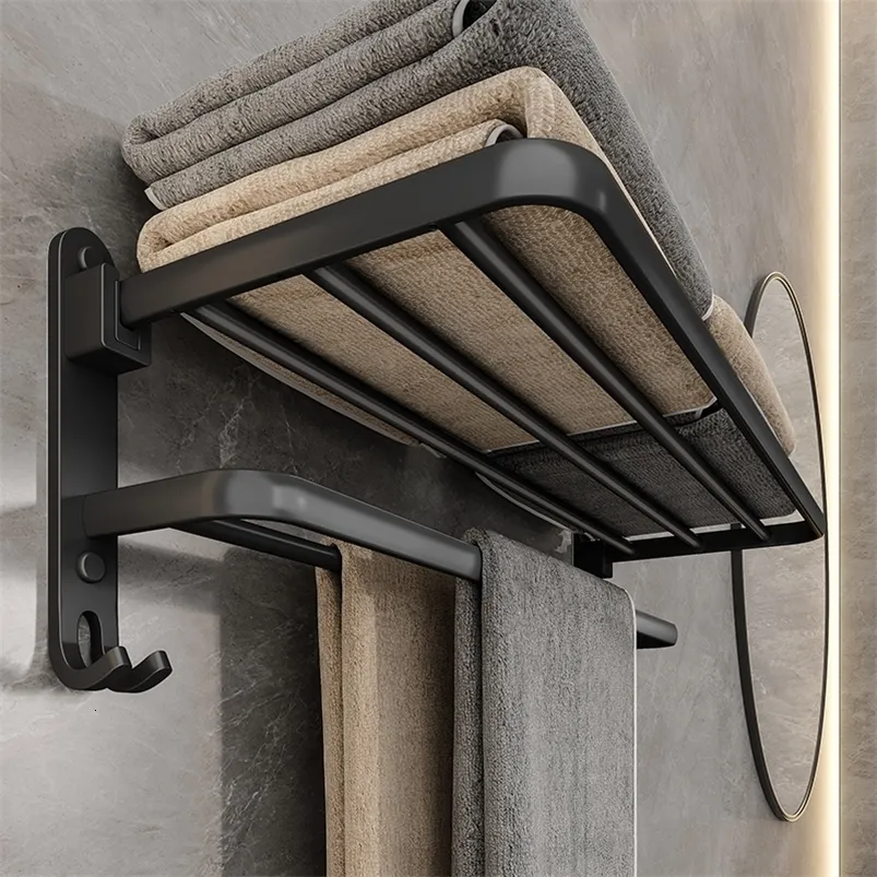 Matte Black 50cm Folding Towel Rack with Hook, Wall Mounted Aluminum ...