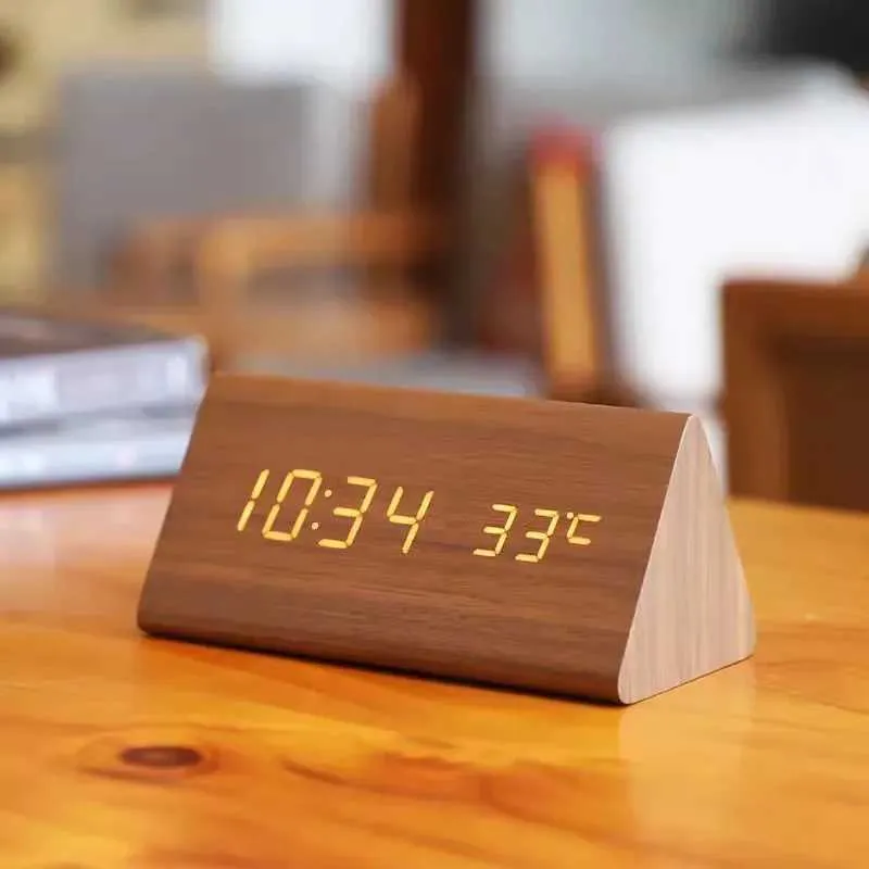 Wooden Digital Digital Clock With Seconds With Sound Control, LED Alarm ...