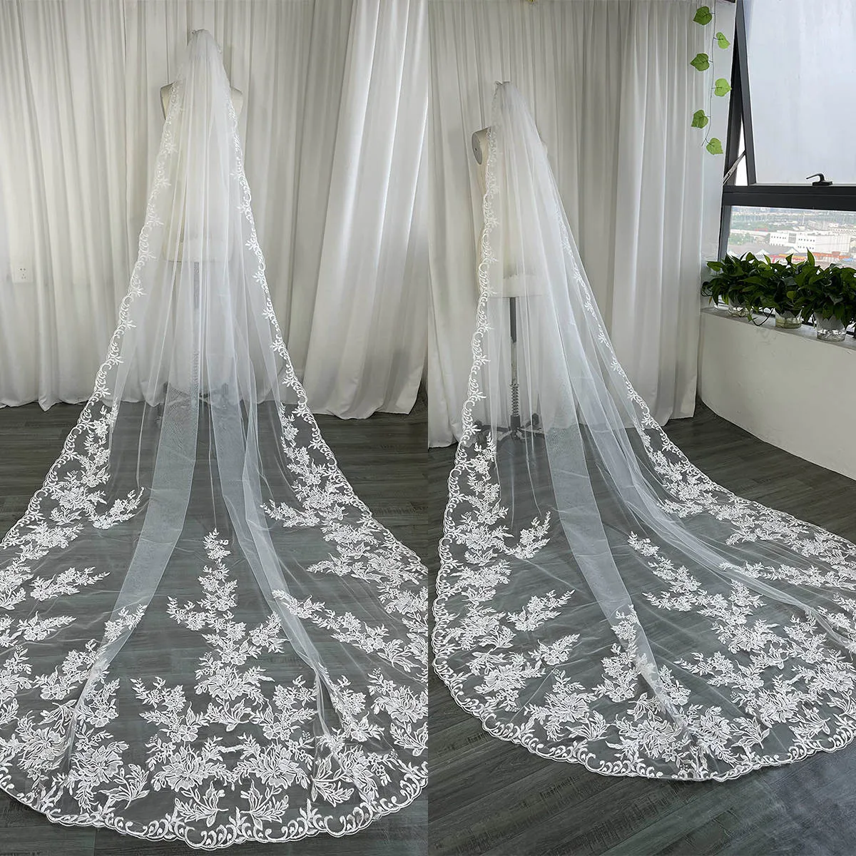Chapel Length Bridal Veil with Sequined Appliques - Elegant Long ...