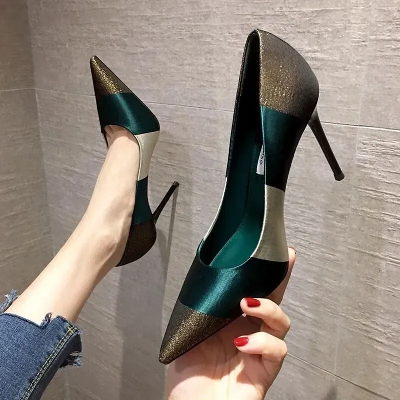 Colorblock Striped High Heels Pointed Toe Sexy Stiletto High Heels ...