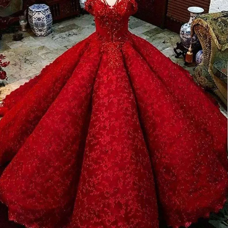 Sparkly Beaded Red Ball Gown Wedding Dress Off Shoulder Princess Bridal ...