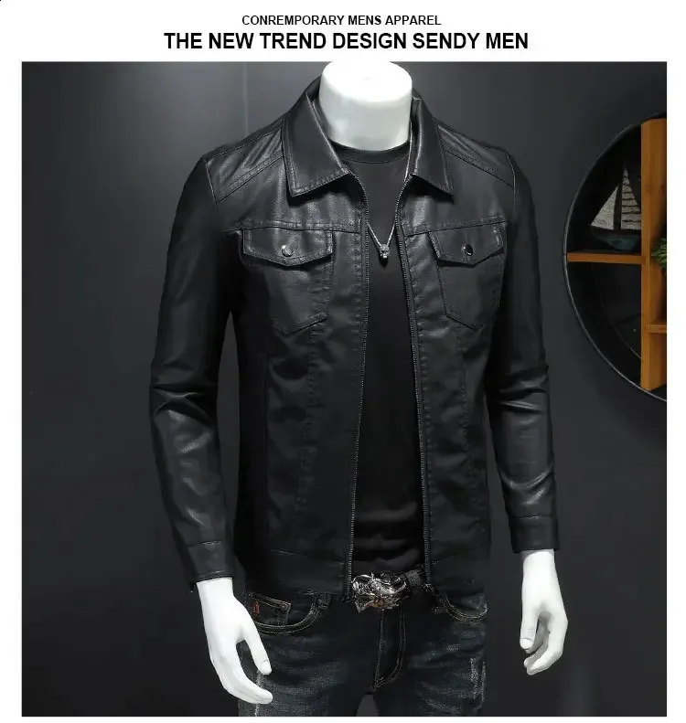 Men's Motorcycle Leather Jacket, Black, Large Size, Zipper Lapel, Slim ...