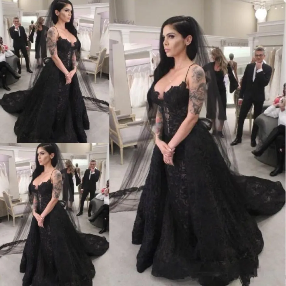 Full Black Wedding Dresses Long Gothic Robe De MarieeSpaghetti Straps ...