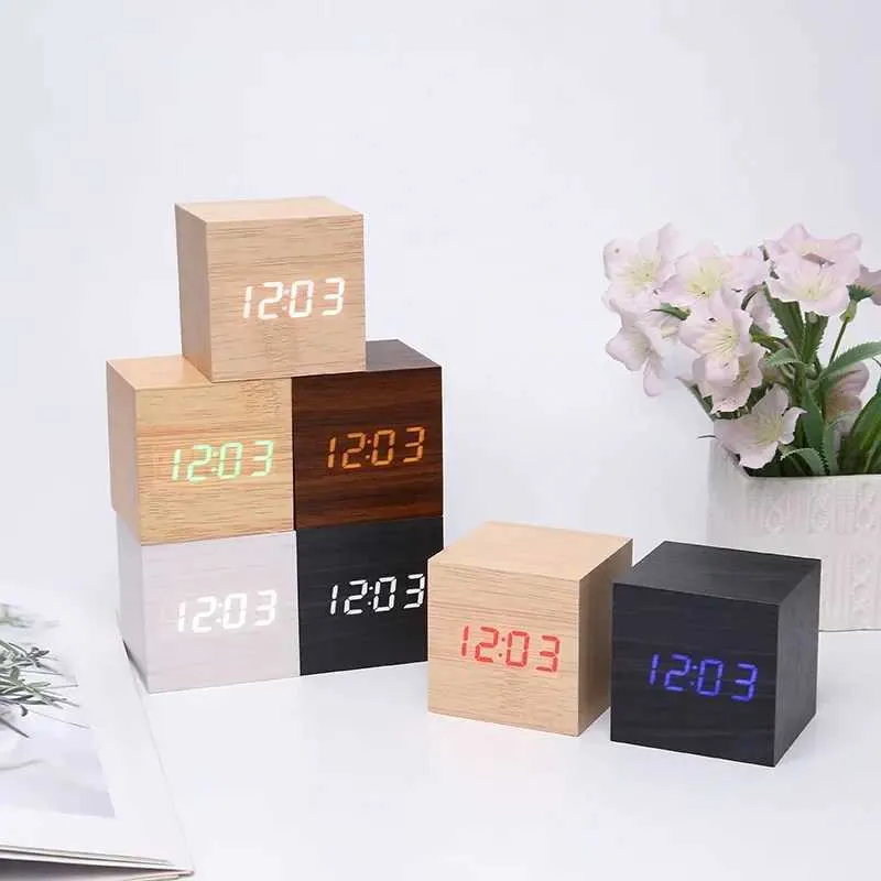 Small Clock Digital: Wooden Cube Alarm Clock With LED Time, Date ...