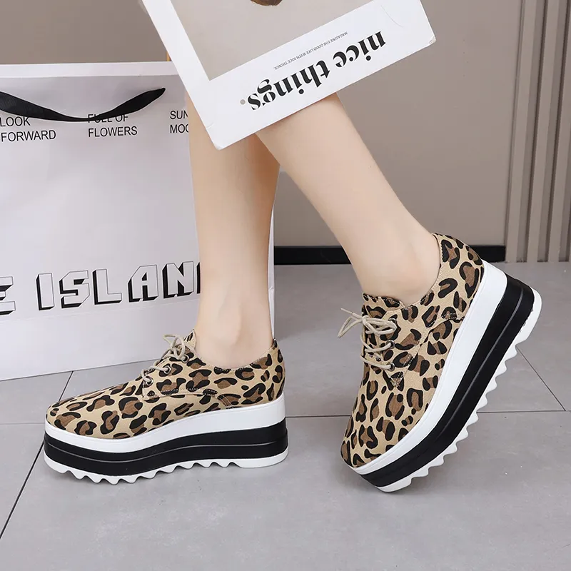 Women's Leopard Print Platform Oxfords - Chunky Casual Lace-Up Shoes ...