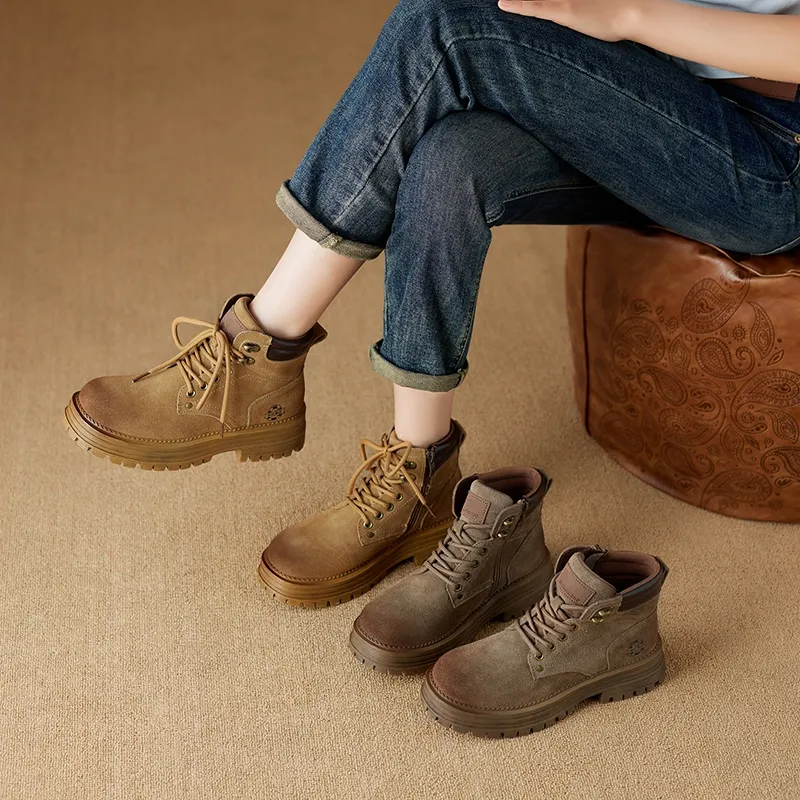 Real Leather Ankle Boots: Retro Cargo Style, Anti-Slip Winter Shoes ...