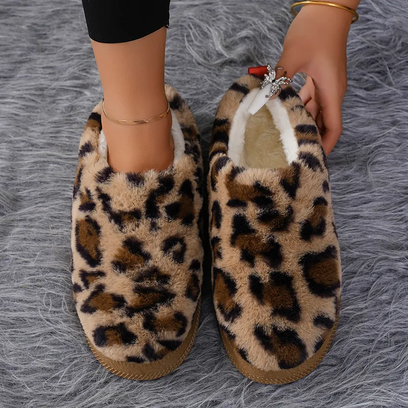 Leopard Print Platform Slippers - Women's Winter Faux Fur Ankle Snow ...