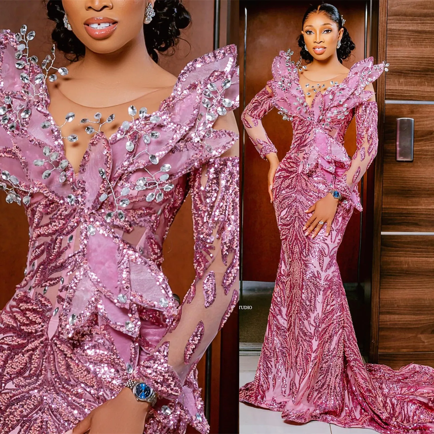 Sequins Rhinestones Mermaid Prom Dresses: Rose Pink Formal Evening Gown ...