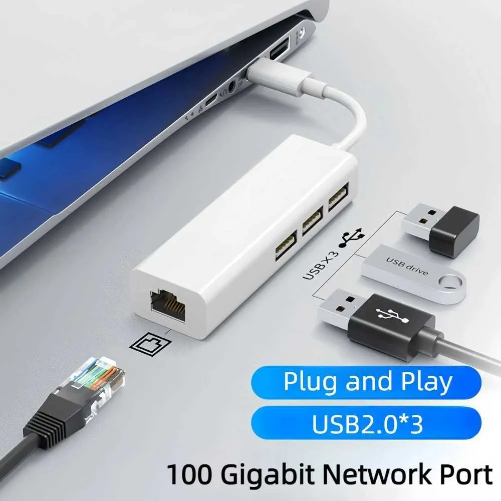 3-Port USB 2.0 Hub with RJ45 Ethernet Adapter - Network & Data Transfer ...