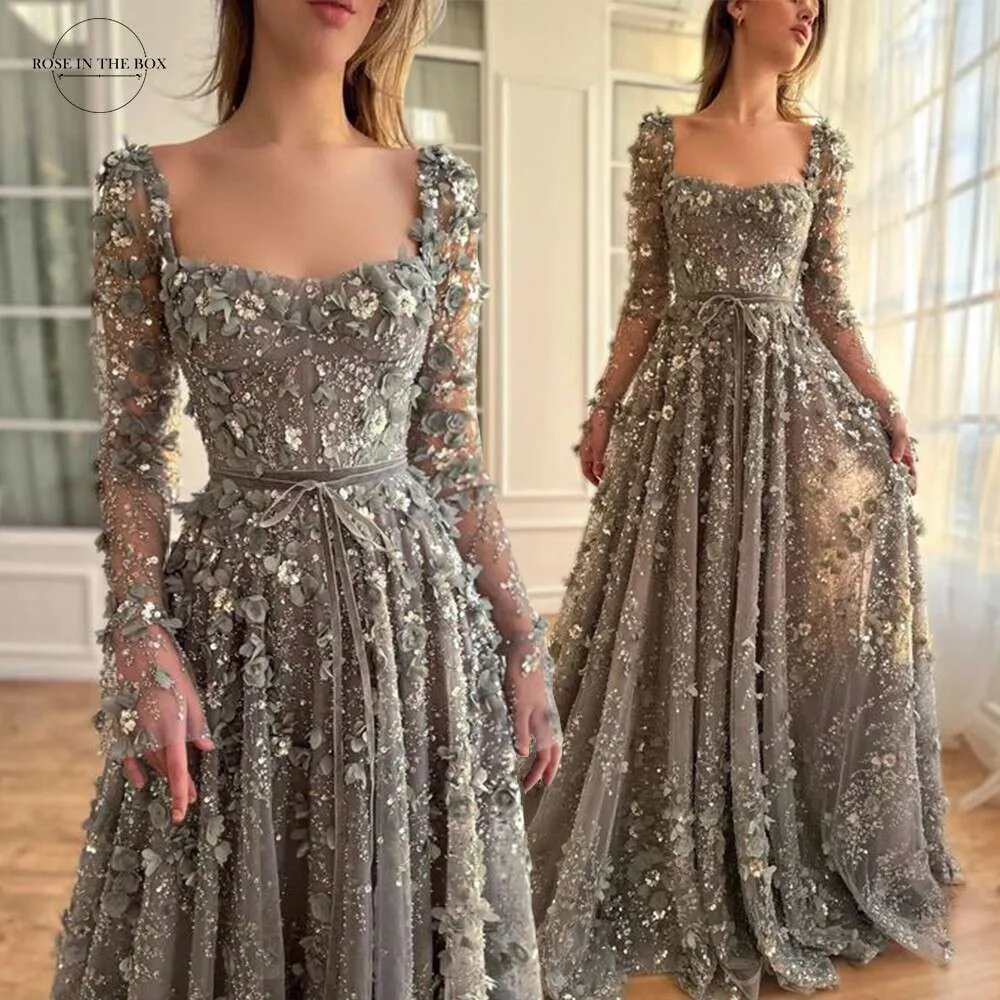 Elegant Long Sleeve Evening Dresses Gray Beaded A Line Formal Maxi Gown ...