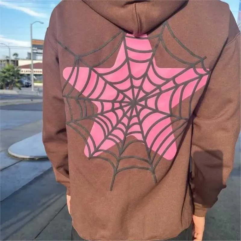 Vintage Brown Spider Web Pentagram Oversized Hoodie - Y2K Aesthetic ...