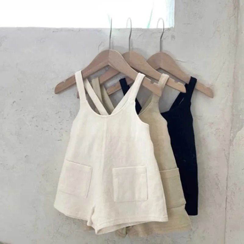 Summer Kids' Cotton Linen Overalls: Loose Pocket Suspender Shorts ...