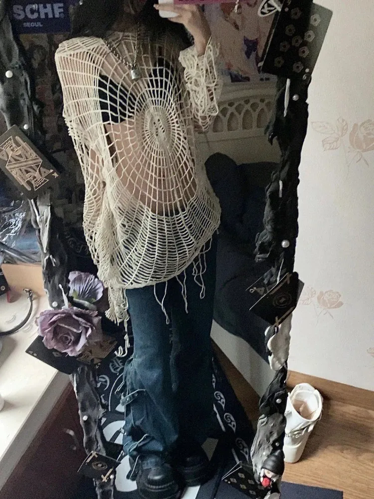 Women's Hollow Knit Smoke Top - Retro Loose T-shirt with Gothic Crochet ...