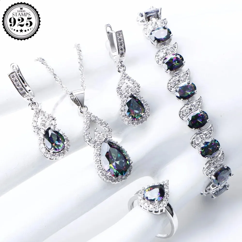 Rainbow 925 Sterling Silver Jewelry Set for Women - Earrings, Bracelet ...
