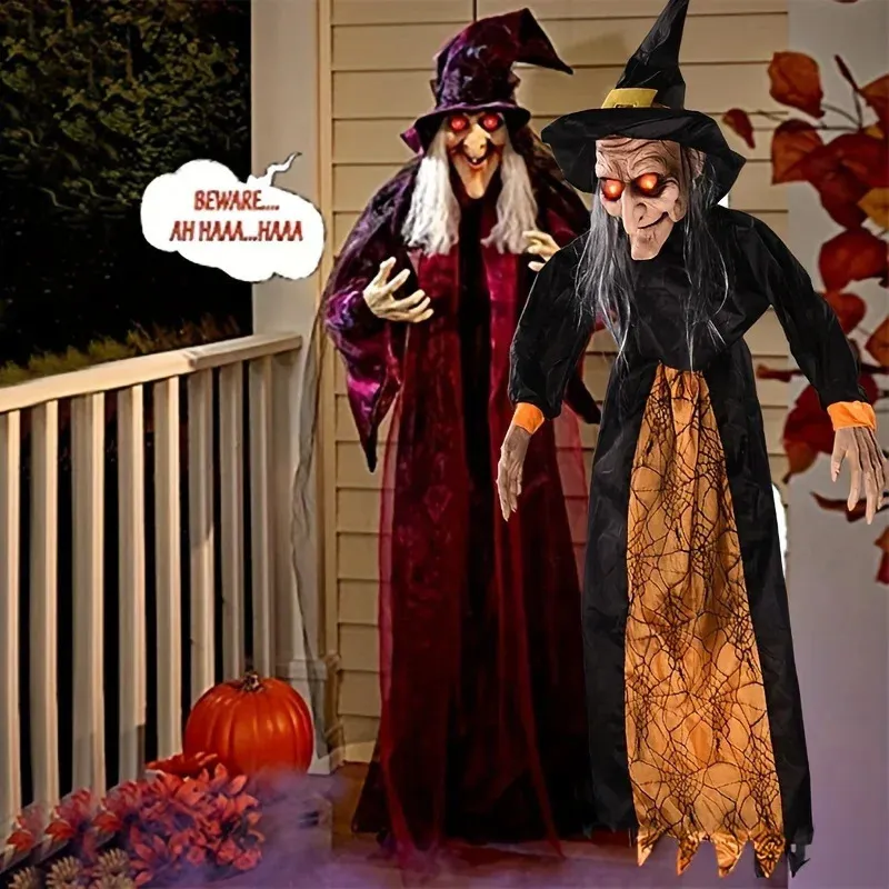 Eerie Voice Controlled Witch Haunted Prop Illuminated Halloween Hanging ...