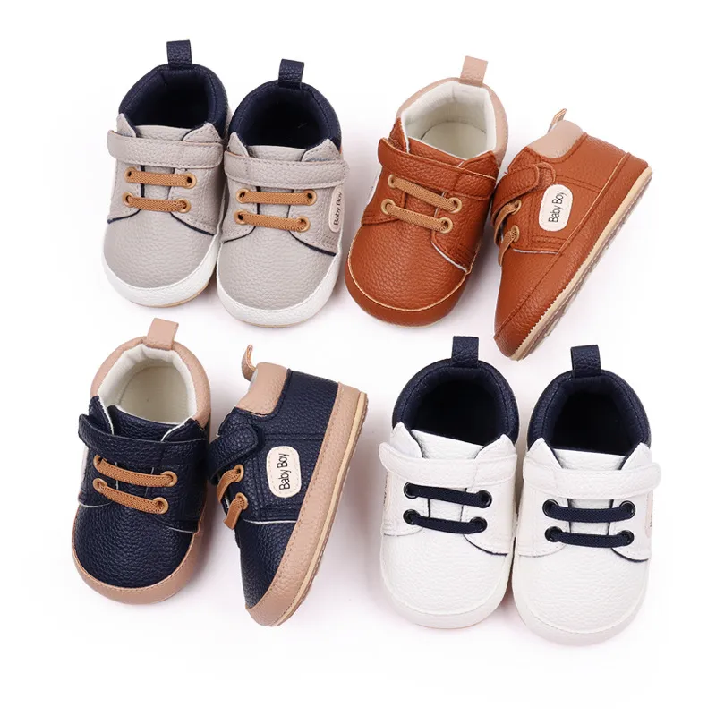 Newborn Baby Boy Crib Shoes Hook & Loop Faux Leather Infant Toddler Pre ...