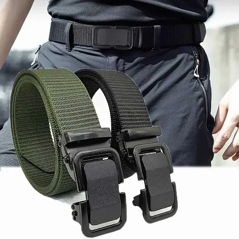 Mens automatic metal buckle nylon canvas webbing outdoor work belt ...