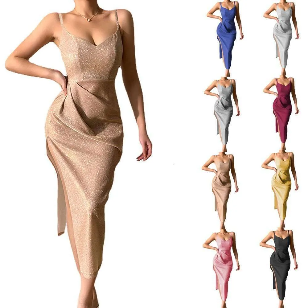 2024 Spring New Women's Long Dress - Sparkling Pink, Sexy Deep V, Strap ...