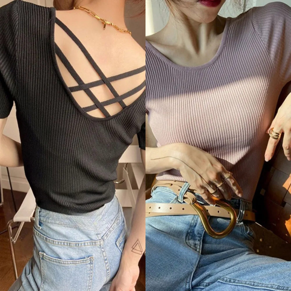 Premium Purple Knit Tee: Backless Ice Silk Summer Top - Shop Now! Best ...