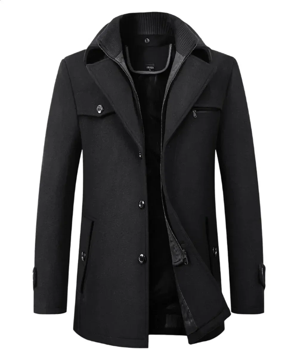 Men's Pea Coat Autumn Winter Woolen Double Collar Overcoat Trench Coat ...